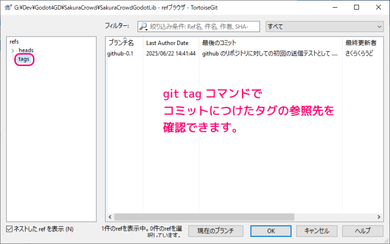 Git TortoiseGit タグ付きコミット、タグのメタ情報の確認の手順 | Compota-Soft-Press